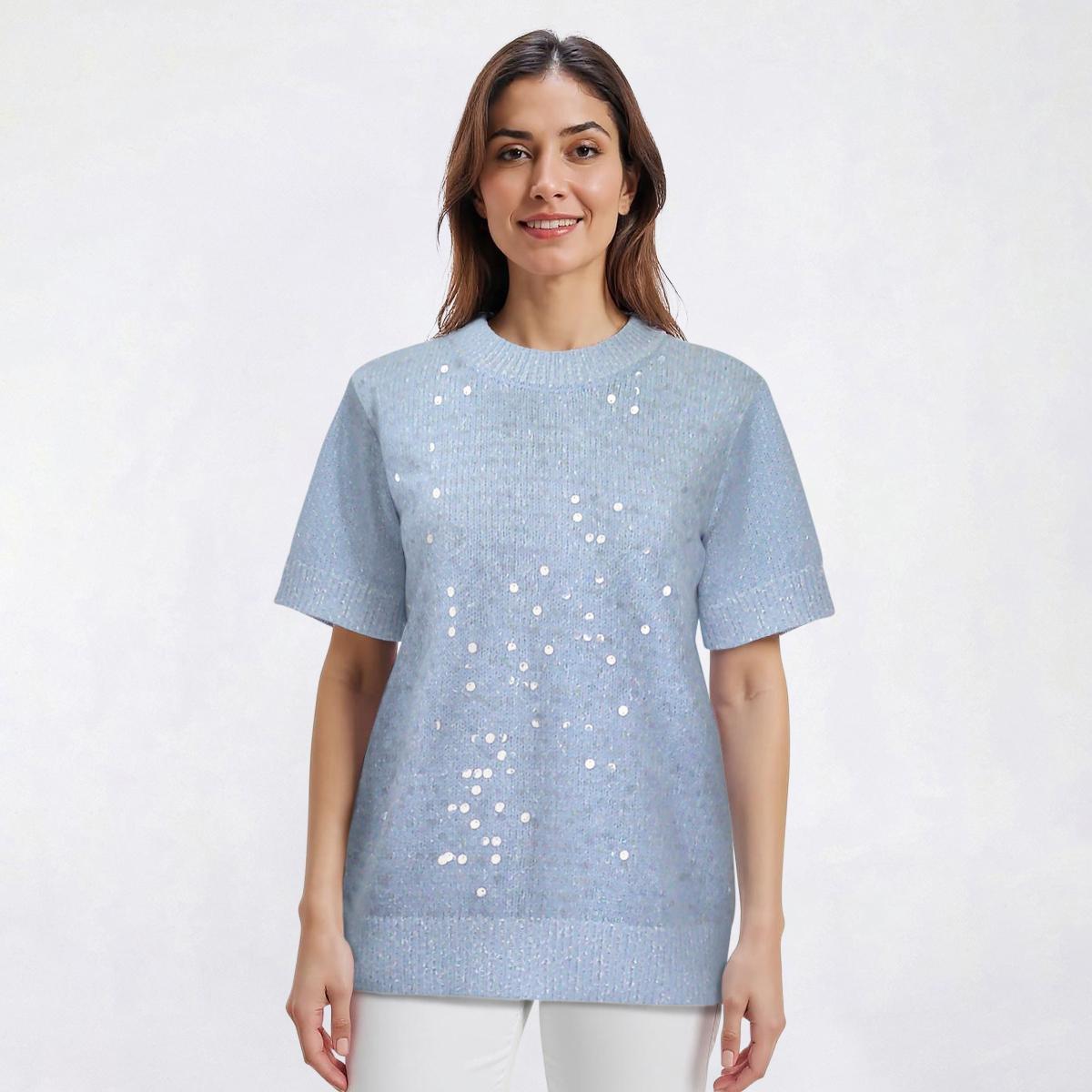 Womens Nanette Lepore Short Sleeve Sequin Knit Sweater